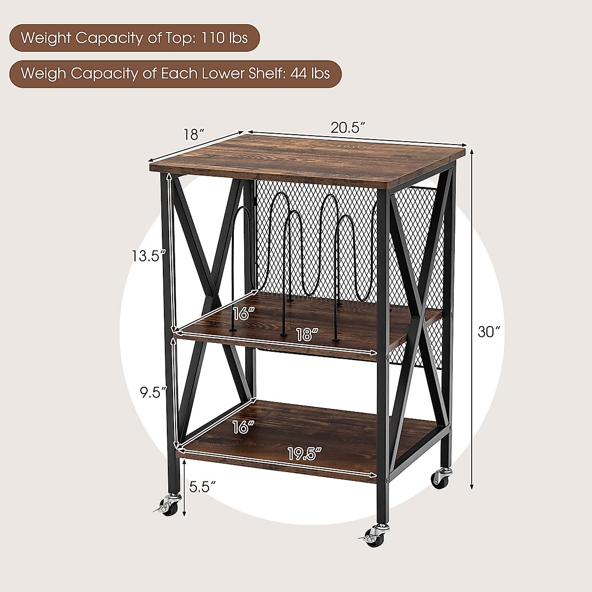 Giantex Record Player Stand, Vinyl Record Storage Table w/ 3 M-Shaped Dividers & 4 Rolling Wheels, Turntable Stand Holds Up to 250 Albums for Living Room, Office, Rustic Brown