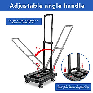 POWSTR Folding Hand Truck Dolly with 4 Rotate Wheels,120 LBS Luggage cart with 2 Elastic Ropes and Adjustable Handle, Portable Platform Truck for Moving,Travel, Shopping, House Office Use, Black