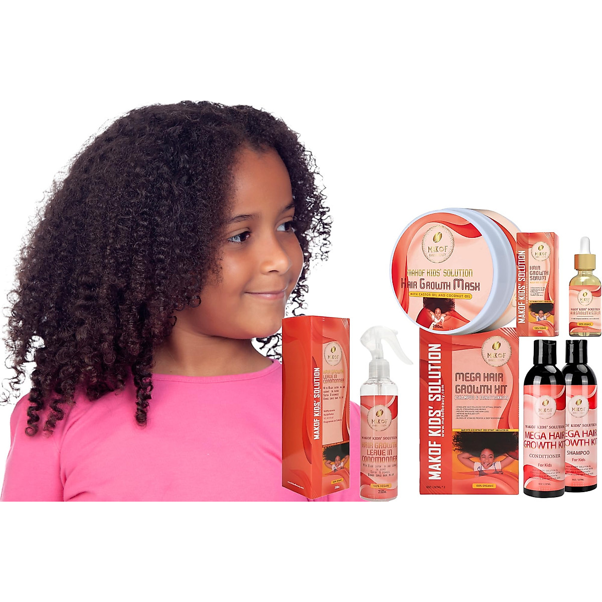 MAKOF Kid’s Hair Growth Set. Shampoo & Conditioner with black castor oil, Wheat Protein, Argan, Jojoba, Aloe Vera, , Mask Treatment and Leave-in, Sulfate Paraben Free, No harsh chemicals.
