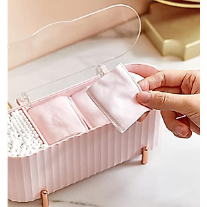 FKOG Pink Qtips Holder, Multi-functional Bathroom Storage Organizer, Detachable 3 Grids Separate Cotton Swabs Dispenser for Cotton Ball Cotton Pads Swabs Ball Floss (Pink)