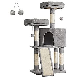 Feandrea Cat Tower, Cat Tree for Indoor Cats, 45.3-Inch Cat Condo with Scratching Post, Ramp, Perch, Spacious Cat Cave, for Kittens, Elderly Cats, Adult Cats, Small Space, Light Gray UPCT141W01