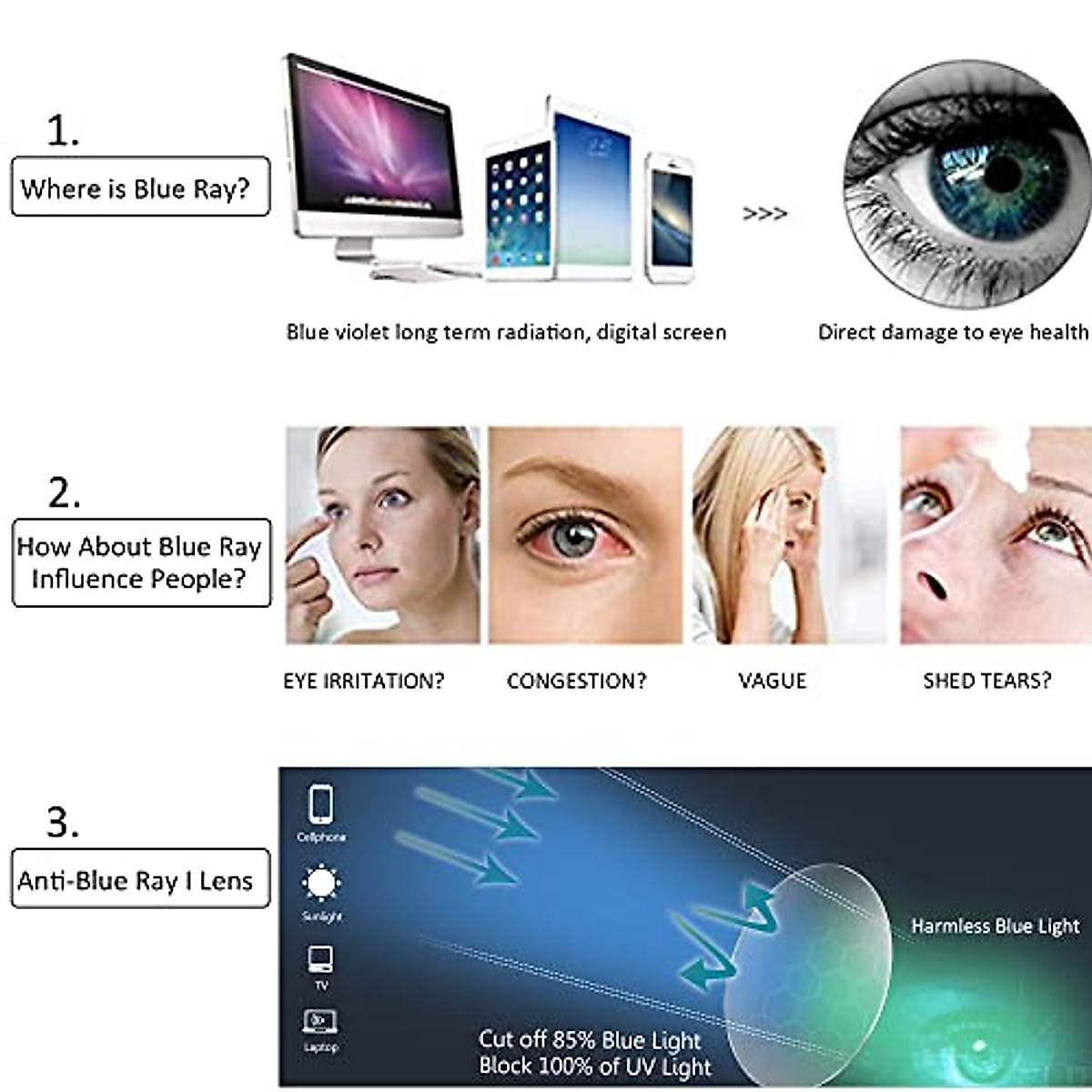 VisionGlobal Blue Light Blocking Glasses for Women, Anti Eyestrain, Computer Reading, TV Glasses, Stylish Square Frame, Anti Glare(+1.00 Magnification)