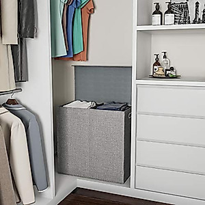 Double Laundry Basket with Lid – Two-Sided Clothes Hamper with Removable Mesh Liner Bags – Collapsible Clothing Organizer by Lavish Home (Gray)