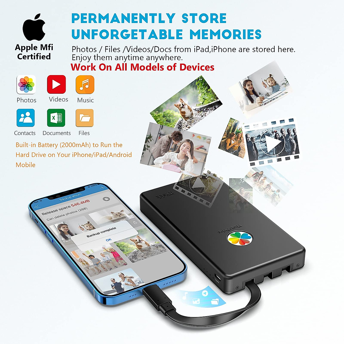 iDiskk App-le Certified 2TB Portable External Hard Drive for iPhone,iPad Android Phones,MacBook,Computer to Backup Docs| Photos | Videos,iPhone 15 & 16 Photo Stick Photo Storage Phone Drive