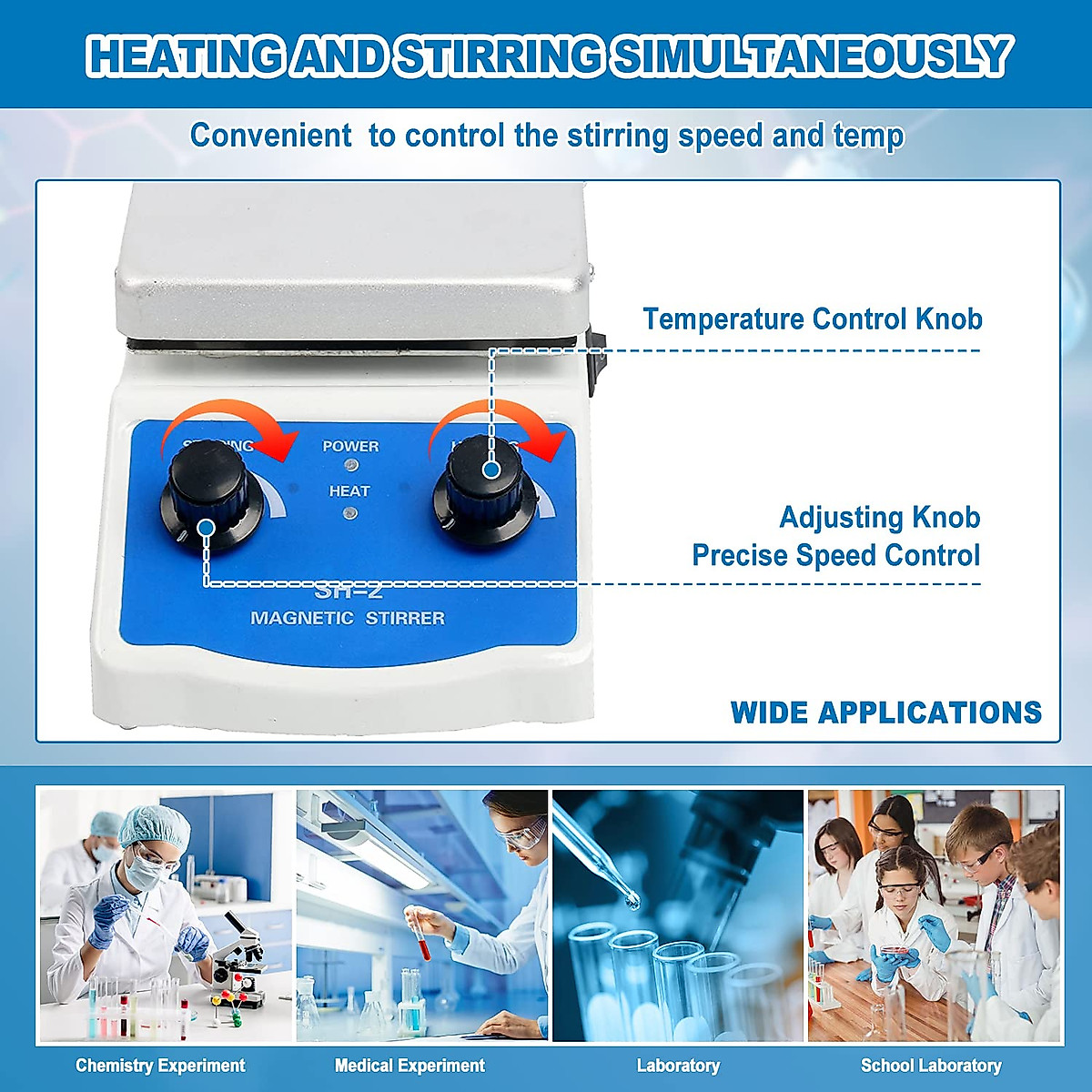 Yaeccc Magnetic Stirrer 4.7 x 4.7 Inch Heating Plate Magnetic Mixer SH-2 Hot Plate 1000ml Stirring Capacity Magnetic Stirrer Kit 180W 0~1600RPM 1L Volume Heating Power