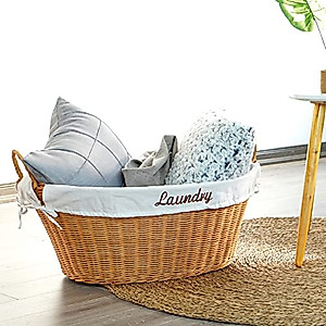 Rattan Laundry Basket with Handles and White Cotton Removable Lining, Natural