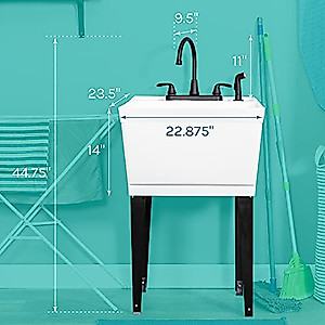 Utility Sink Laundry Tub with Gooseneck Faucet by JS Jackson Supplies, Heavy Duty Slop Sinks for Basement, Laundry Room, Garage or Shop, Large Free Standing Wash Station (Black Faucet)