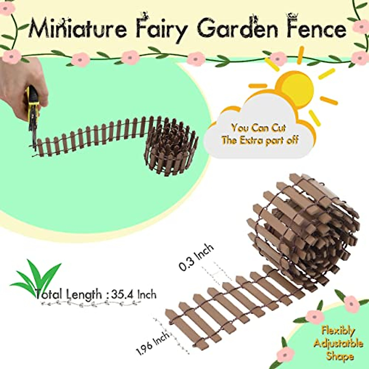 Robkea, 36 Inch Mini Fence Fairy Garden Fence & Waterproof LED 40FT 100 LED Solar String Lights with 8 Lighting Modes | Fairy Garden Accessories Outdoor(Brown)