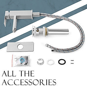 Homikit Brushed Nickel Single Handle Bathroom Faucet with Pop Up Drain, 1 or 3 Holes, Stainless Steel Vanity RV Lavatory Faucet with Deck Plate, 2 Water Supply Hoses