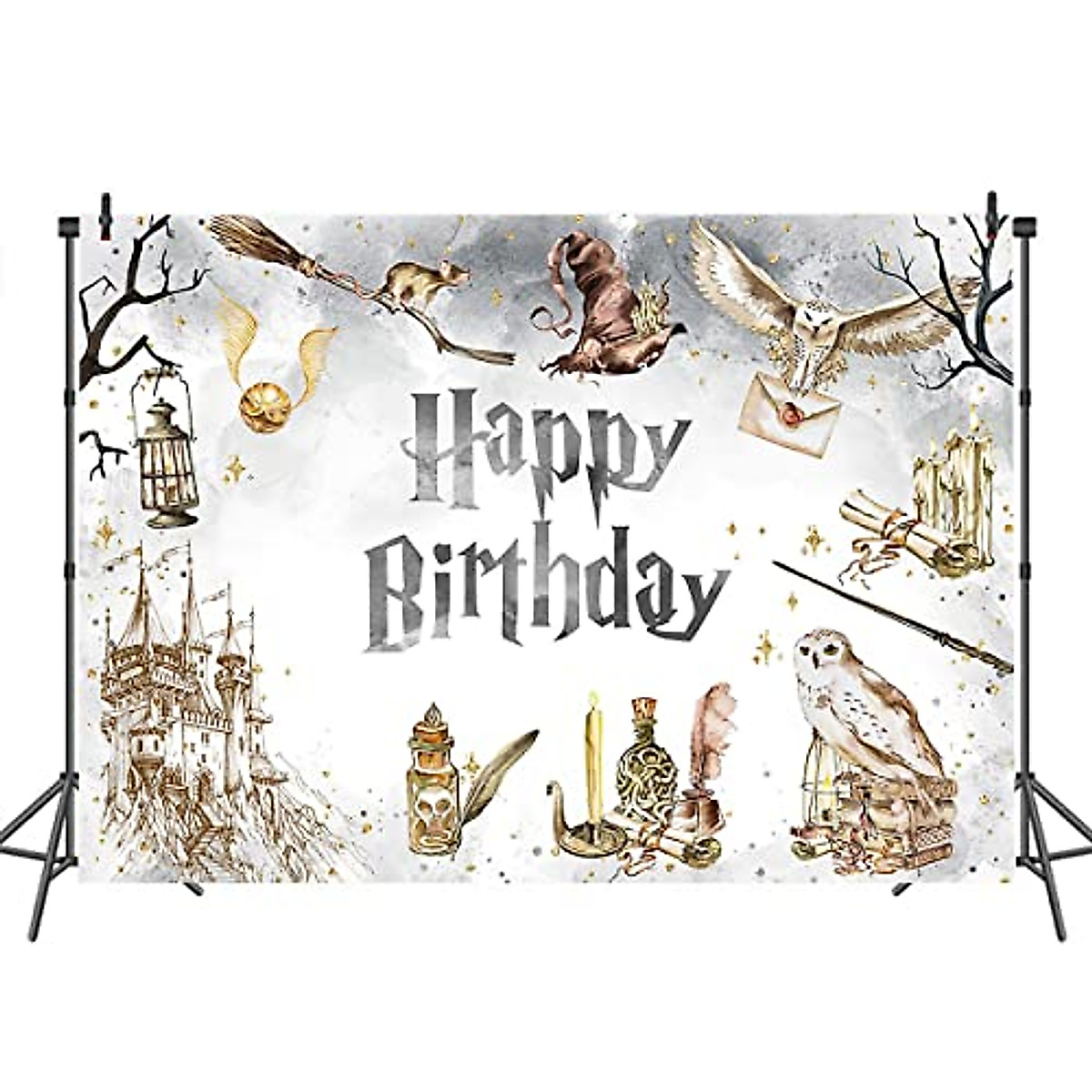 Mocsicka Wizard Birthday Backdrop Magical Castle Witch Wizard School Happy Birthday Photography Background Vinyl Kids Sorcerer Theme Birthday Party Cake Table Decoration Photo Booth (Gray, 7x5ft)