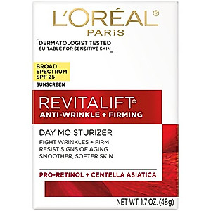 L'Oréal Paris Revitalift Anti-Wrinkle and Firming Face Moisturizer with SPF 25, Pro-Retinol and Centella Asiatica, Paraben Free, 1.7 oz (Packaging may vary)