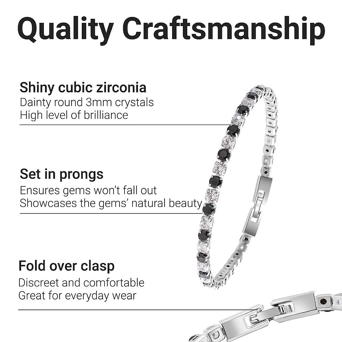 Shop LC Tennis Bracelet - Black & White Cubic Zirconia Bracelet for Women in Silvertone - Dainty CZ Crystal Bridal Bracelets - Elegant Jewelry Ideal for Special Occasions - 8" Length - Fits Wrists 7"