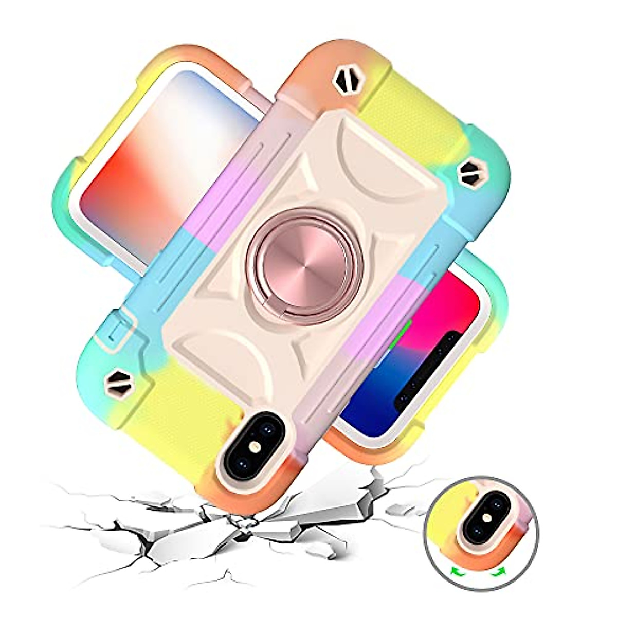 Cookiver for iPhone X/iPhone Xs Case 5.8 Inch with Ring Stand, with 2 Pack Glass Screen Protector,Heavy-Duty Shockproof Rugged Military Grade Cover with Magnetic Car Mount (Rainbow Pink)