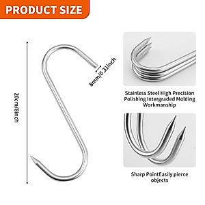 KEJJNYER 10 Pcs Meat Hanging Hooks 8 inch, Stainless Steel Meat Hooks10mm Diameter, Heavy Duty S Meat Hanging Hooks for Butchering, Smoking, Drying, Cooking, Grilling, BBQ