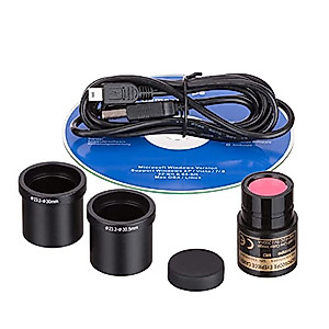 AmScope M158C-E Compound Monocular Microscope, WF10x and WF25x Eyepieces, 40x-1000x Magnification, Brightfield, LED Illumination, Plain Stage, 110V, Includes 0.3MP Camera and Software