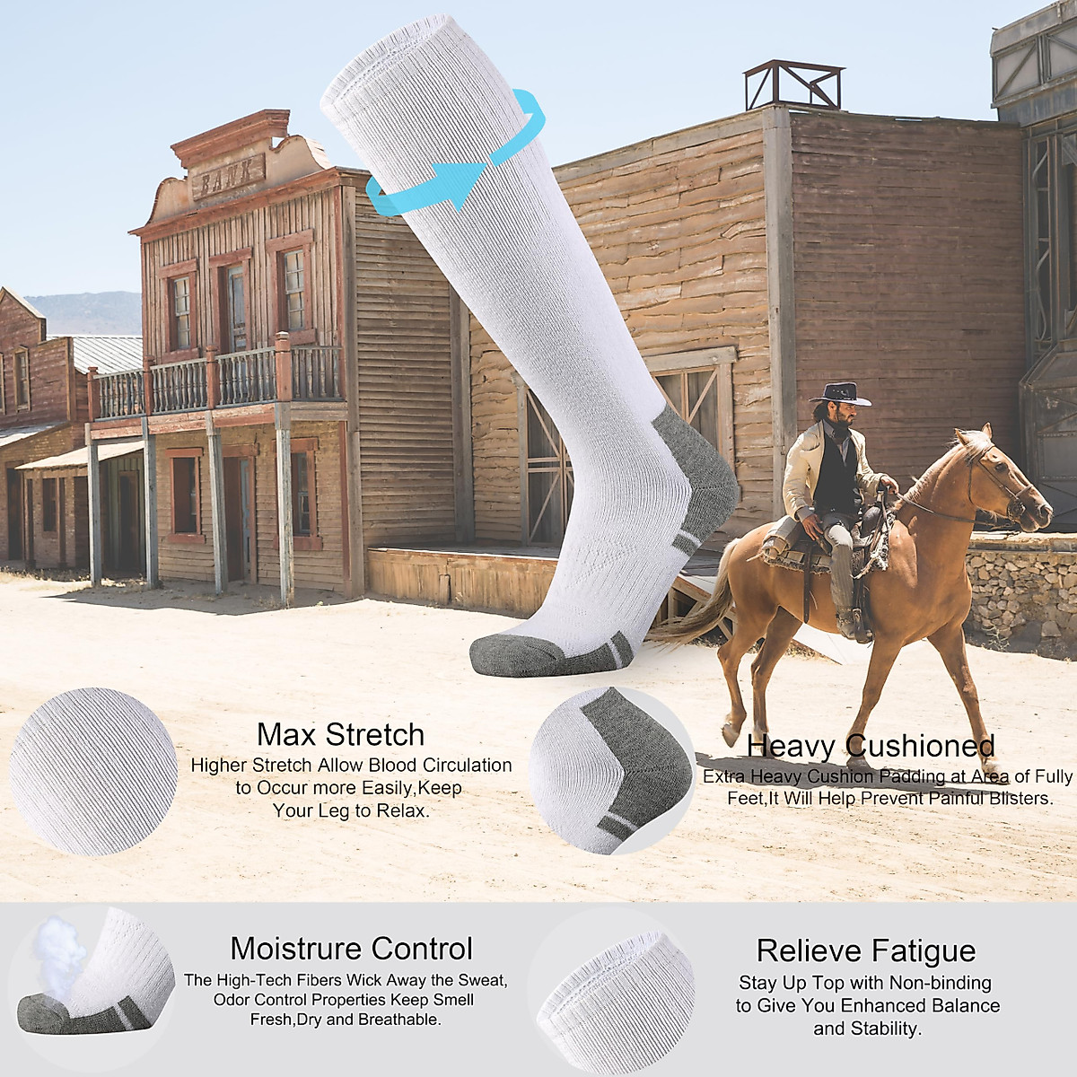 Ortis Cotton Full Cushion Over the Calf Socks OTC Knee High Thick Moisture Wicking Breathable Work Boot Thermal Warm(WhiteGrey L)