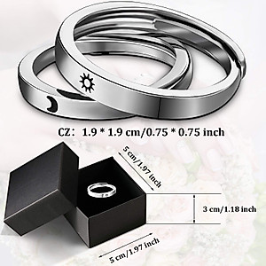 2 Pieces Sun and Moon Couple Rings Copper Polish Lovers Adjustable Ring with Black Storage Boxes for Valentine's Day Girlfriend and Boyfriend