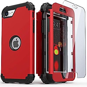IDweel iPhone SE 2020 Case with Tempered Glass Screen Protector,iPhone SE 3 Case(3nd Gen 2022), 3 in 1 Shock Absorption Slim Heavy Duty Hard PC Cover Soft Silicone Bumper Full Body Durable Case,Red