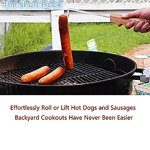 LQLMCOS Food Flipper Turner Hooks Stainless Steel BBQ Meat Hooks Cooking Barbecue Turners Hooks Grill Accessories with Wooden Handle for Grilling & Smoking (Style A-One Pack)