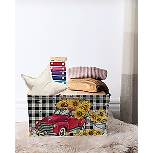 1 PC Large Storage Basket Bins Waterproof Fabric, Spring Sunflower Tulip Bee Floral Rectangular Storage Box for Shelf Closet Organizer Summer Red Truck Flower Black Plaid