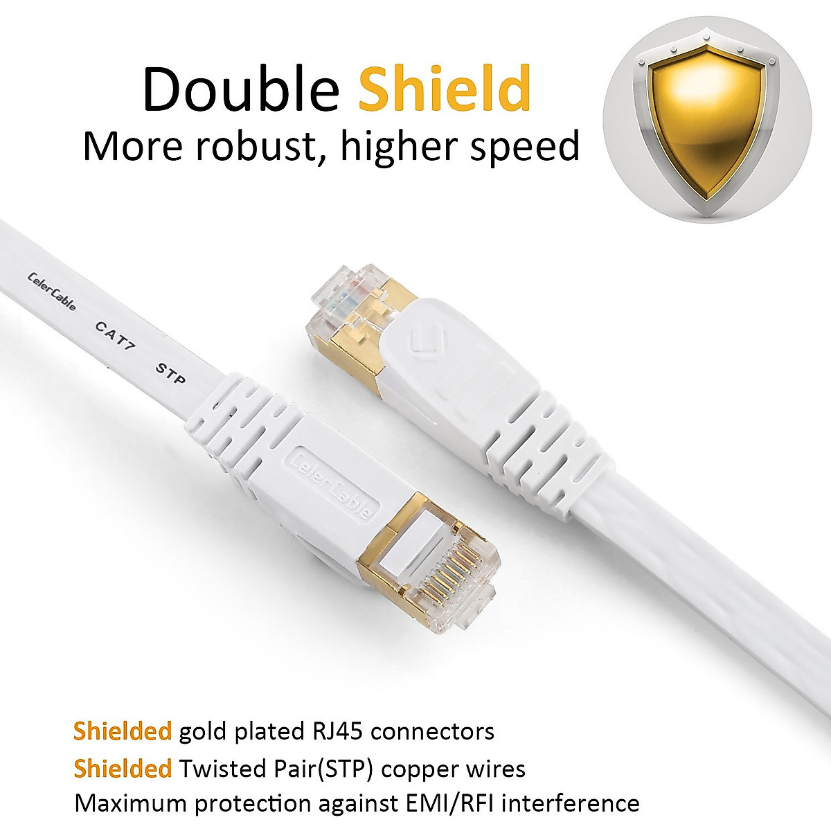 CelerCable - Flat Ethernet Cable Shielded(STP) Cat7 100ft with Snagless RJ45 Connectors, Long Slim Network Cable Flat Cat 7 Ethernet Patch Cable, Internet Patch Cable Computer Networking Cord (White)