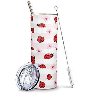 Mofvugz Ladybug Gifts for Women Girls, Cute Ladybugs Daisy Floral Tumbler Cup Coffee Travel Mug, Lady Bug Pink Metal Thermal Insulated Tumblers 20 Oz, Ladybug Decor Accessories Stuff, Kawaii Gifts
