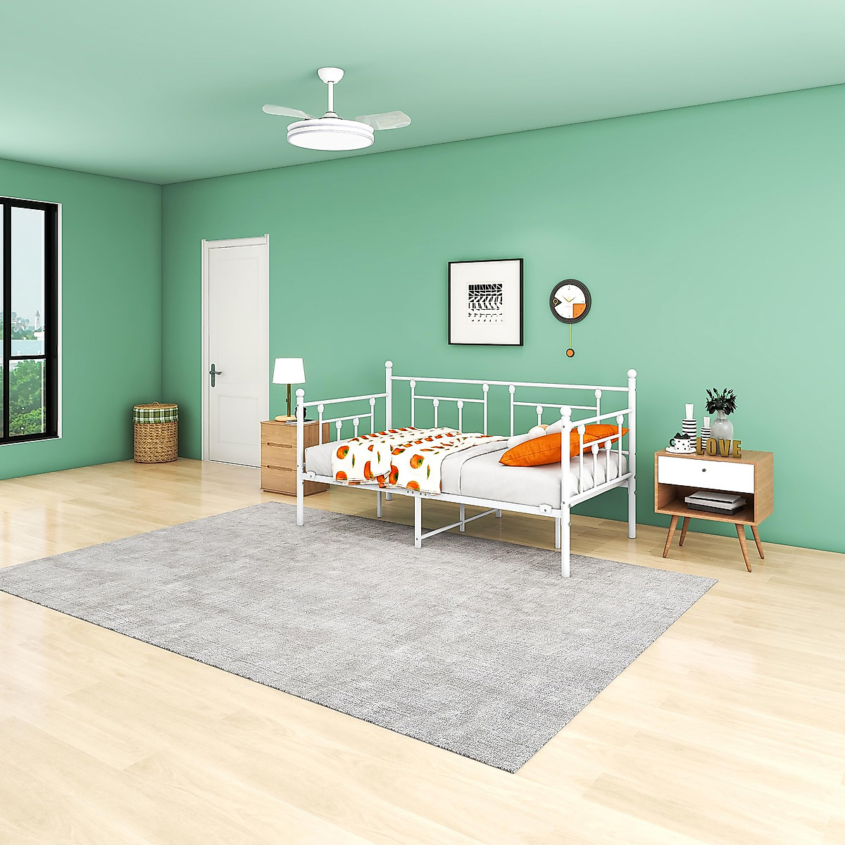 HAHRIR Metal Daybed Frame and Trundle Set Premium Steel Slat Support Daybed and Roll Sofa Bed (Shiny White, Twin)