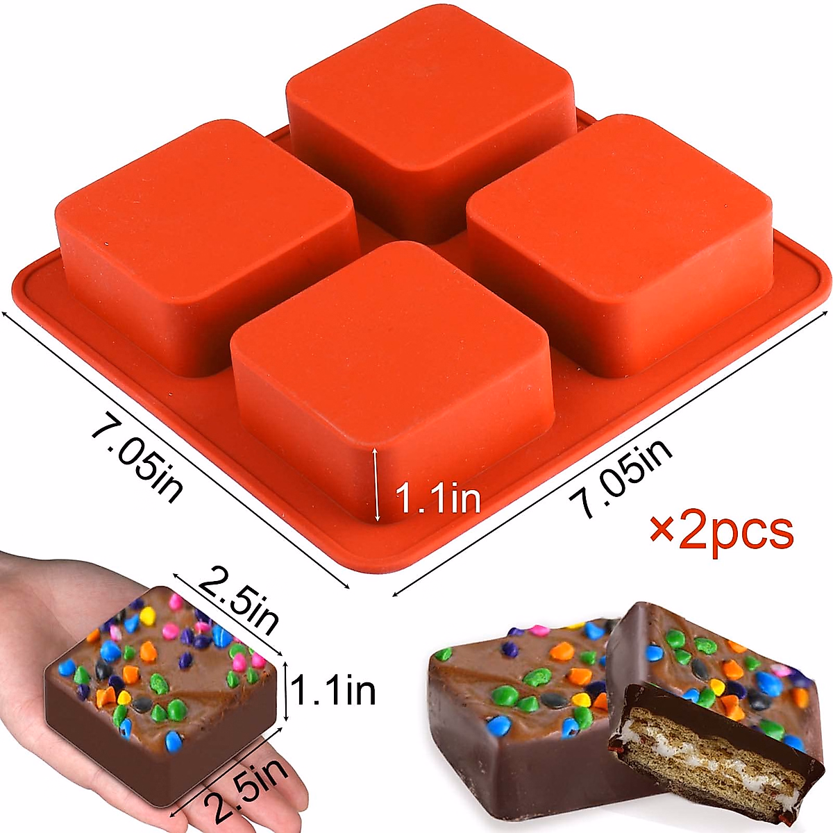 AIERSA 2 Pcs Chocolate Covered Cookie Molds for S'mores, 4 Cavity Square Silicone Mold for DIY Sandwich Cookies, Brownies, Muffin, Mousse, Cakes, Candy, Chocolate