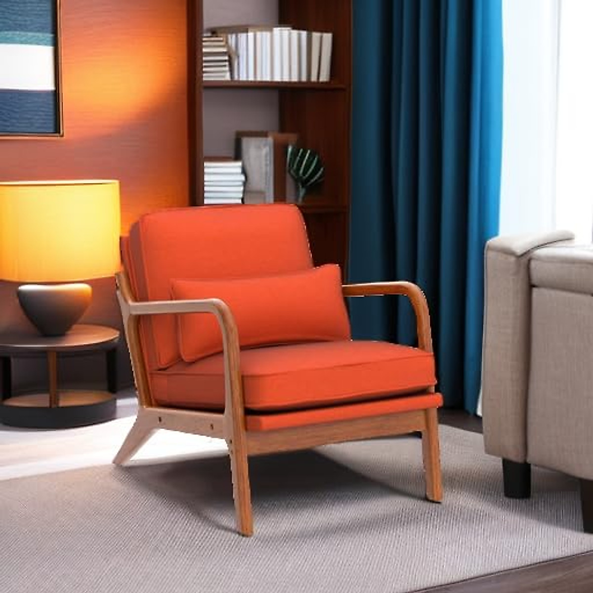Karl home Accent Chair Mid-Century Modern Chair with Pillow Upholstered Lounge Arm Chair with Solid Wood Frame & Soft Cushion for Living Room, Bedroom, Balcony, Linen Burnt Orange (Low Back)