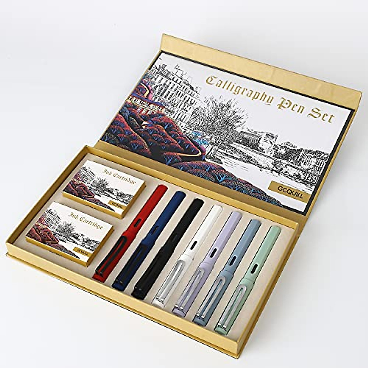 GC QUILL Calligraphy Pen Set, 7 Calligraphy Fountain Pens with Different Nibs and 40 Ink Cartridges, Calligraphy Set for Beginners- MU-09