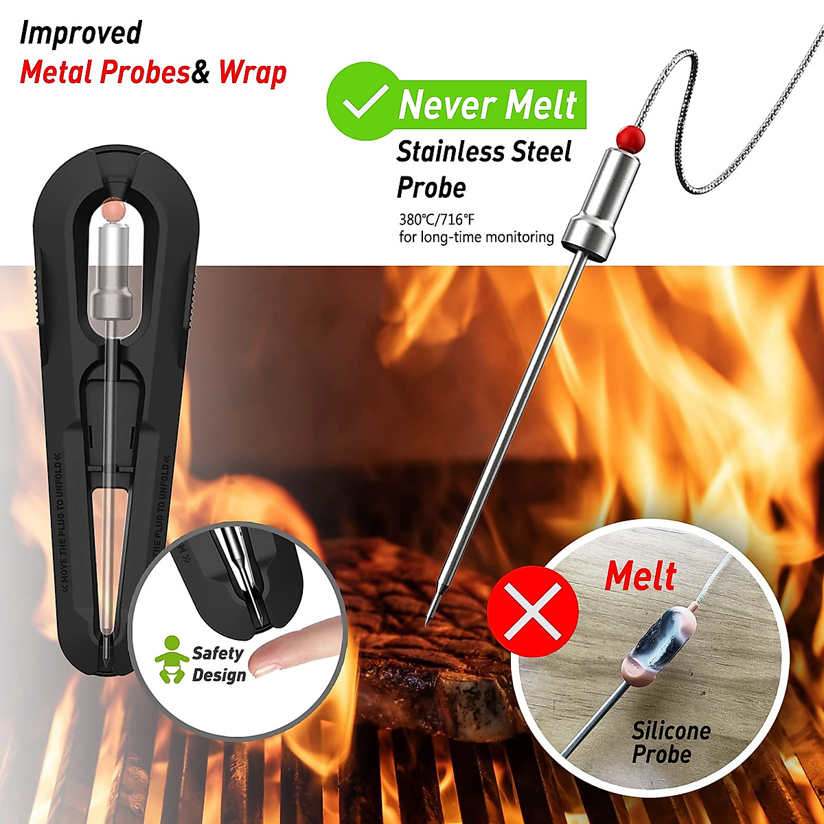 Bluetooth Meat Thermometer for Smoker Oven Grill, Smart Wireless Grill Thermometer for Grilling and Smoking, Remote Phone APP BBQ Thermometer with 6 Meat Probes AidMax WR01