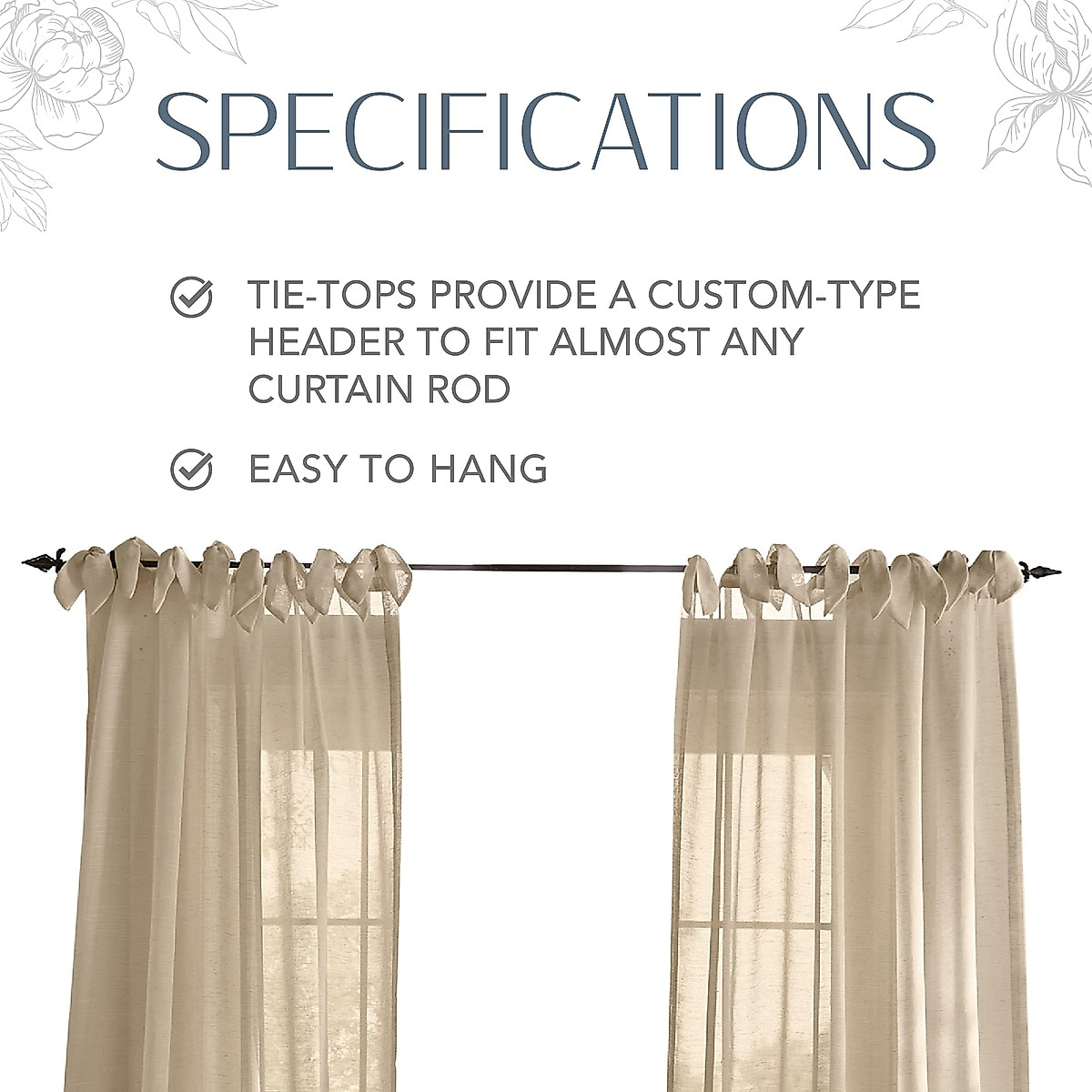 Elrene Home Fashions Vienna Sheer Tie-Top Window-Curtain Panel, 52 in x 84 in (1 Panel), Flax