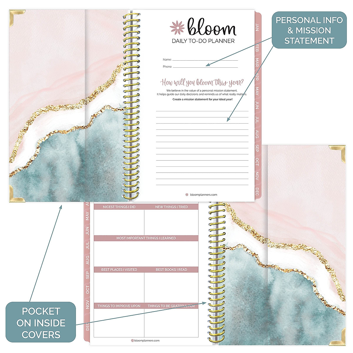 bloom daily planners New UNDATED Hardcover Calendar & Daily Bound To Do List Spiral Notebook - Notes, Goals, to Do's Planning System - 8.25" x 6.5" - Daydream Believer