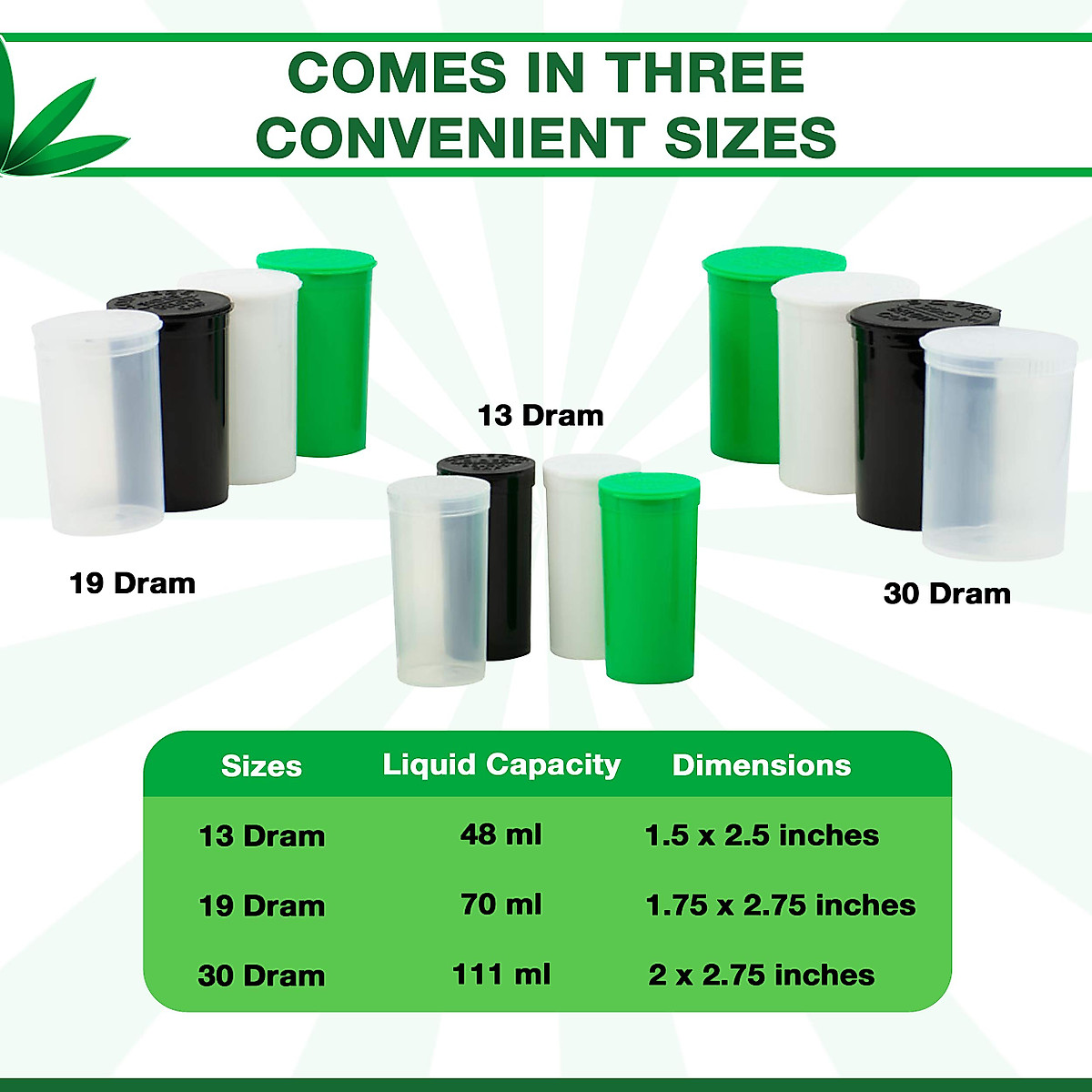 Emerald Mountain Supplier Pop Top Dram Containers | Durable Airtight Multipurpose Storage | Herb and Pill Organizer - 13 Dram (Green, 320 Count (Pack of 1))