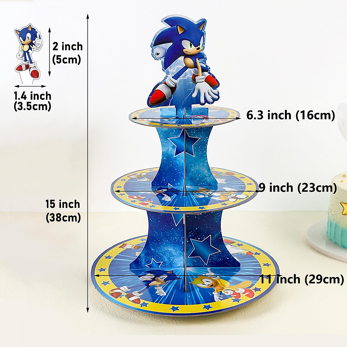 Cupcake Stand for Sonic Birthday Party Supplies with 12pcs Sonic Cake Toppers, Sonic Cupcake Holder for Birthday Decorations,3 Tier Cupcake Stand for 24 Cupcakes, Blue Dessert Stand for Kids Cake