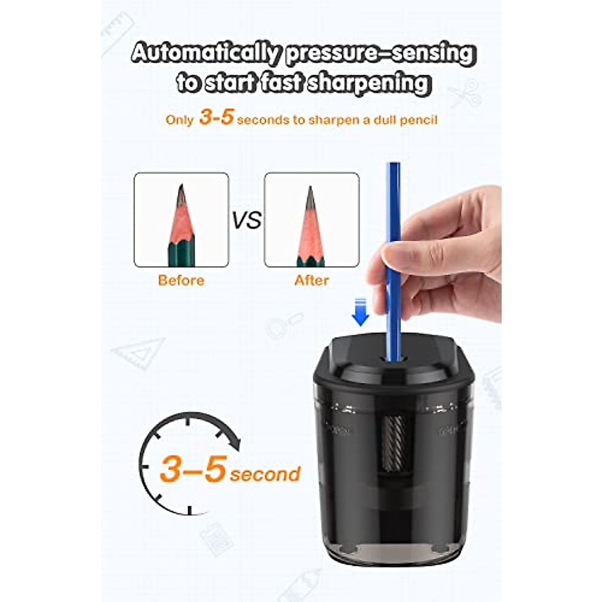 Electric Pencil Sharpener RIYO Heavy-Duty Helical Blade Auto Pencil Sharpener with Battery Operated for No.2(6-8mm) Pencils and Colored Pencils in School/Office/Home,Black(Not Included AC Adapter)