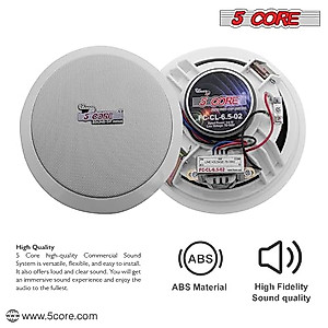 5 CORE 6.5” Inch Outdoor Indoor in Ceiling Speaker, Flush Mount in Wall Universal Speakers Waterproof for Paging Restaurant, Placement, Covered Porches CL 6.5-12 2W 6PCS