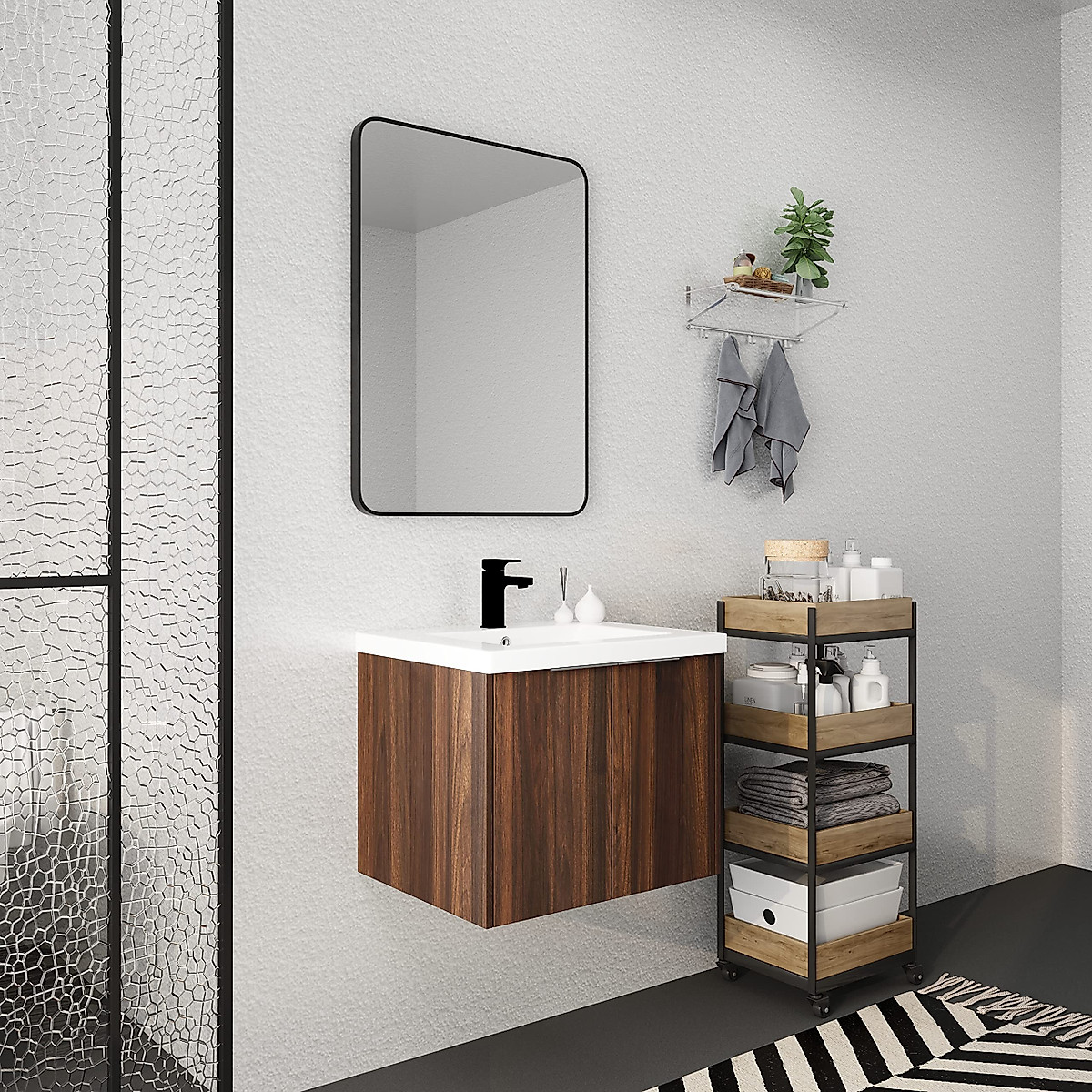 24-Inch Wall Mounted Bathroom Vanity with Sink Combo Modern Single Bathroom Vanity Set with Top Resin Sink & Storage Cabinet Wood Hanging Bath Cabinet w/Resin Sink for Bathroom (Walnut-24 Inch)