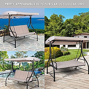 Tangkula 3 Seats Converting Patio Swing, Outdoor Porch Garden Canopy Swing with Comfortable Cushion Seats & Adjustable Tilt Canopy, Heavy Duty Hammock 3 Persons Porch Swing (Beige)