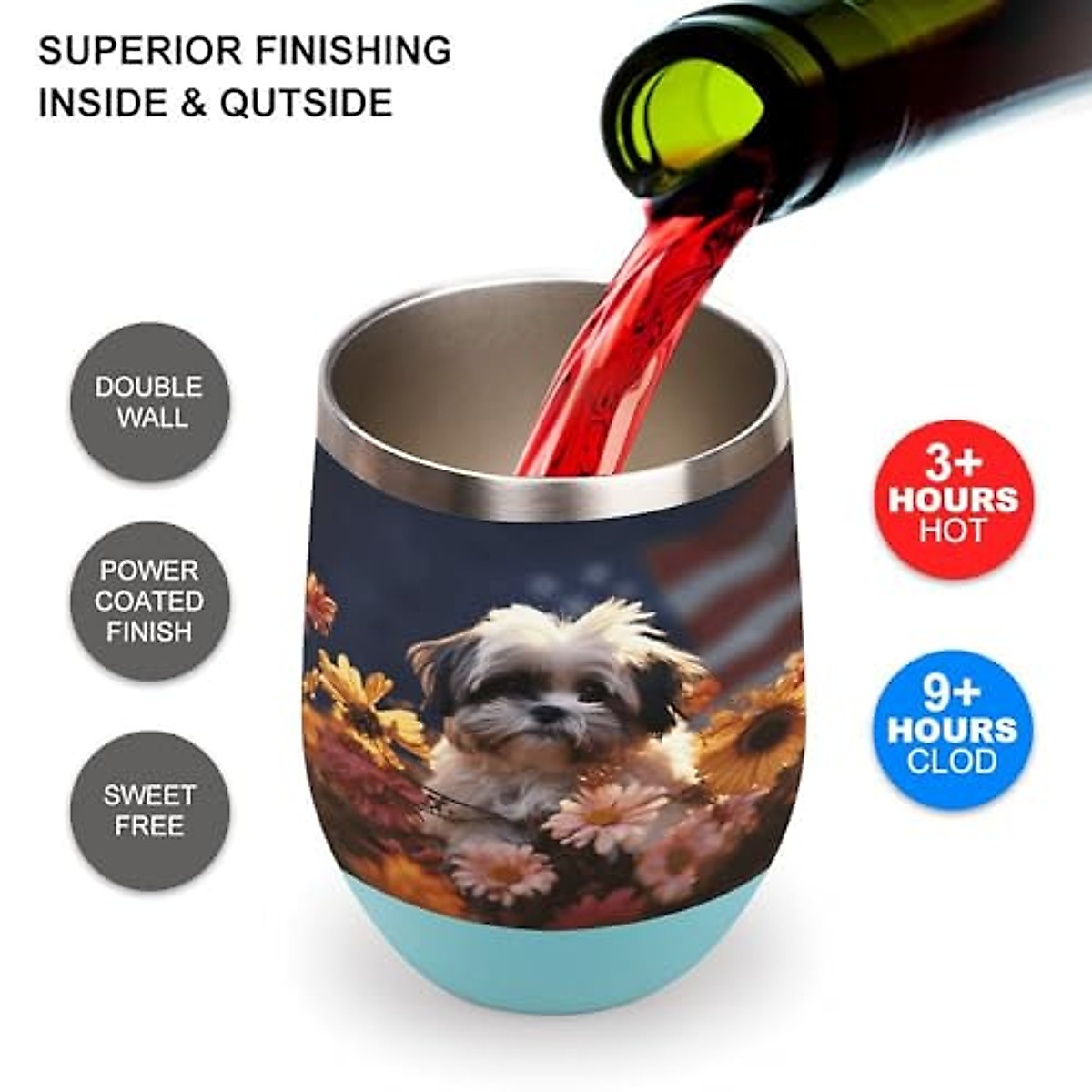 WYUSPGK 304 Stainless Steel Insulated Cup, Shih Tzu Dog And Flowers Print Smooth Rim, Durable & Reusable - Perfect for Office, Home, And Travel
