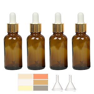 4-piece set, 1-ounce dropper bottle with 2 funnels and label -30ml amber glass tincture bottle with dropper - leak proof essential oil bottle (Amber color,white)