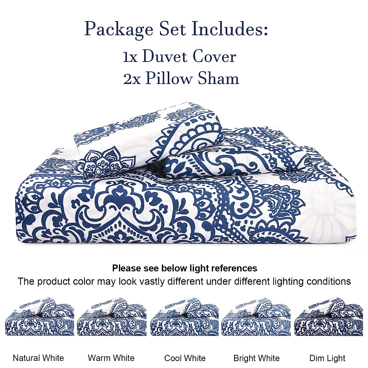 PHF Ultra Soft Paisley Duvet Cover Queen Size, Printed Bedding Set 3 Pieces, Comfy Farmhouse Pattern Duvet Cover Set with 2 Pillow Shams, Zipper Closure and 8 Ties, 90"x90", Royal Blue & White
