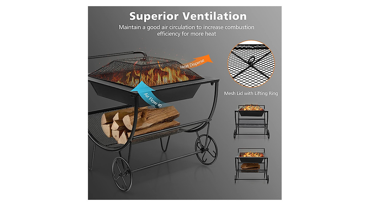 Tangkula Outdoor Fire Pit with Wheels and Firewood Log Rack, Patio Wood ...