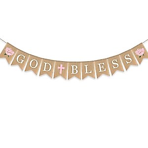 Flower God Bless Banner Baptism Burlap Garlands Girl Pink Cross Floral First Communion Christening Decoration