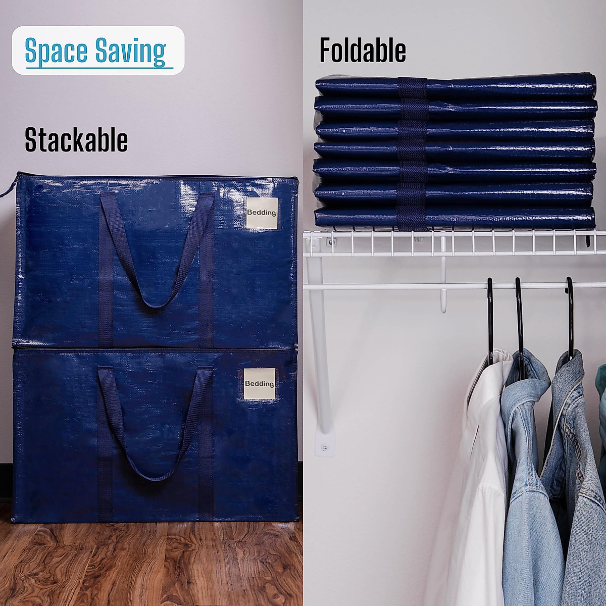 VENO 4 Pack Moving Bags, Moving Supplies, Moving Boxes, College Packing Storage Boxes with Lids Alternative, Heavy Duty Totes, Extra Large, Sturdy Handles, Zipper, for Packaging (Blue, 4 Pack)