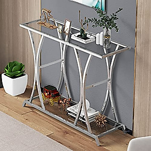 ASYA 2-Tier Glass Entryway Table, Console Tables for Entryway with Chrome Frame, Silver Glass Sofa Table for Entryway, Living Room, Chrome Finish
