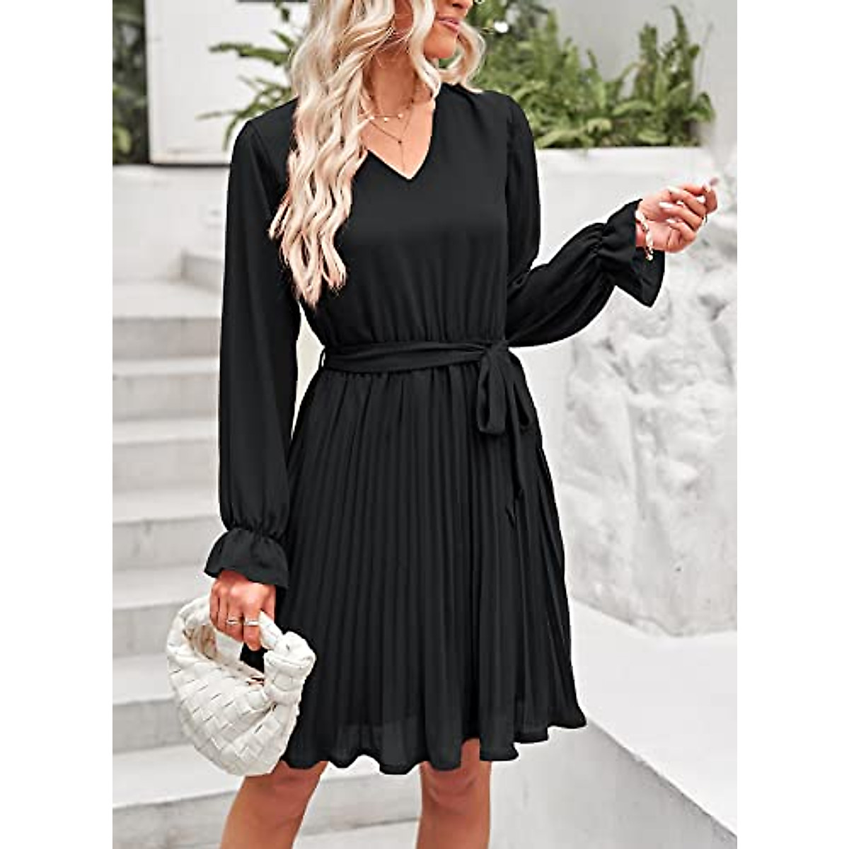PRETTYGARDEN Women's Casual Fall Dresses Long Puff Sleeve V Neck Pleated Ruffle Flowy Belted Dress (Black,X-Large)