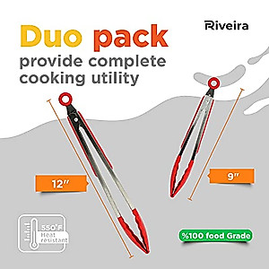 Riveira Red Tongs for Cooking with Silicone Tips | 9 and 12-Inch Pieces | Non-Stick Kitchen Grill Tongs | BBQ Tongs for Grill | 550°F High Heat-Resistant Premium Silicone Tips | 304 Stainless Steel