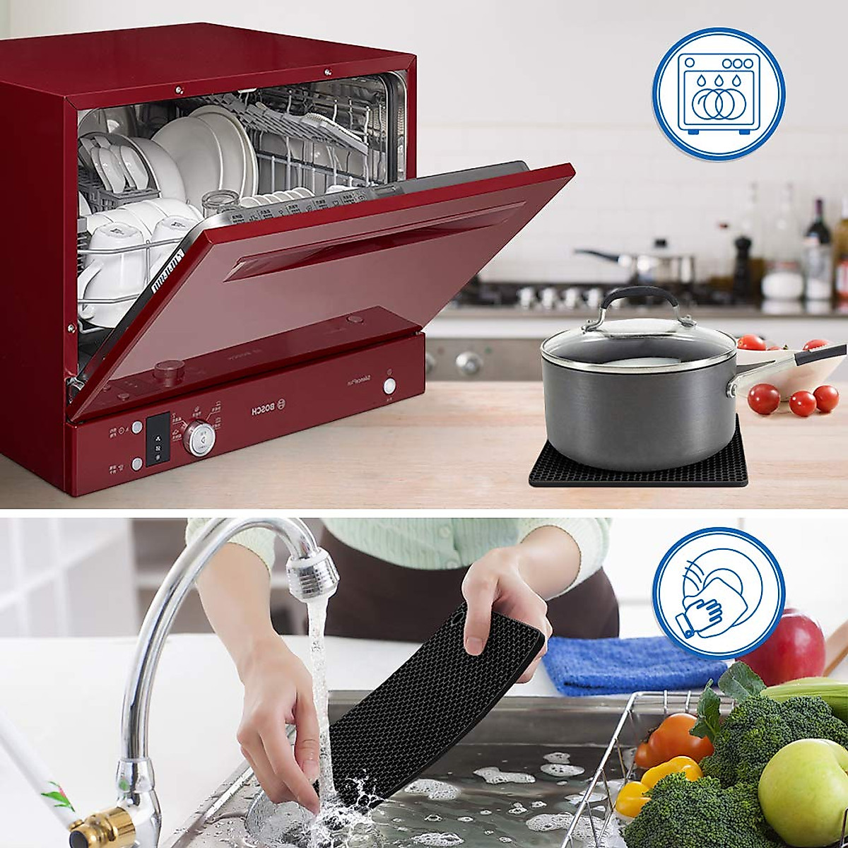 Silicone Trivet Mats Hot Pads, Yolife 4 Pack Multi-Use Trivets mat, Heat Resistant Silicone Pot Holder for Hot Dishes and Hot Pots, Jar Opener, Spoon Holder, Garlic Peeler- Dishwasher Safe (Black)