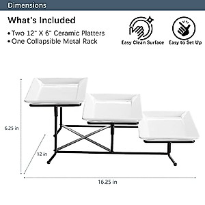 ONEMORE 3 Tier Serving Tray, Tiered Tray Stand for Party Entertaining Collapsible Sturdier Rack with 12" White Rectangular Ceramic Serving Platters for Fruit Cupcake Food Dessert Table Display Set